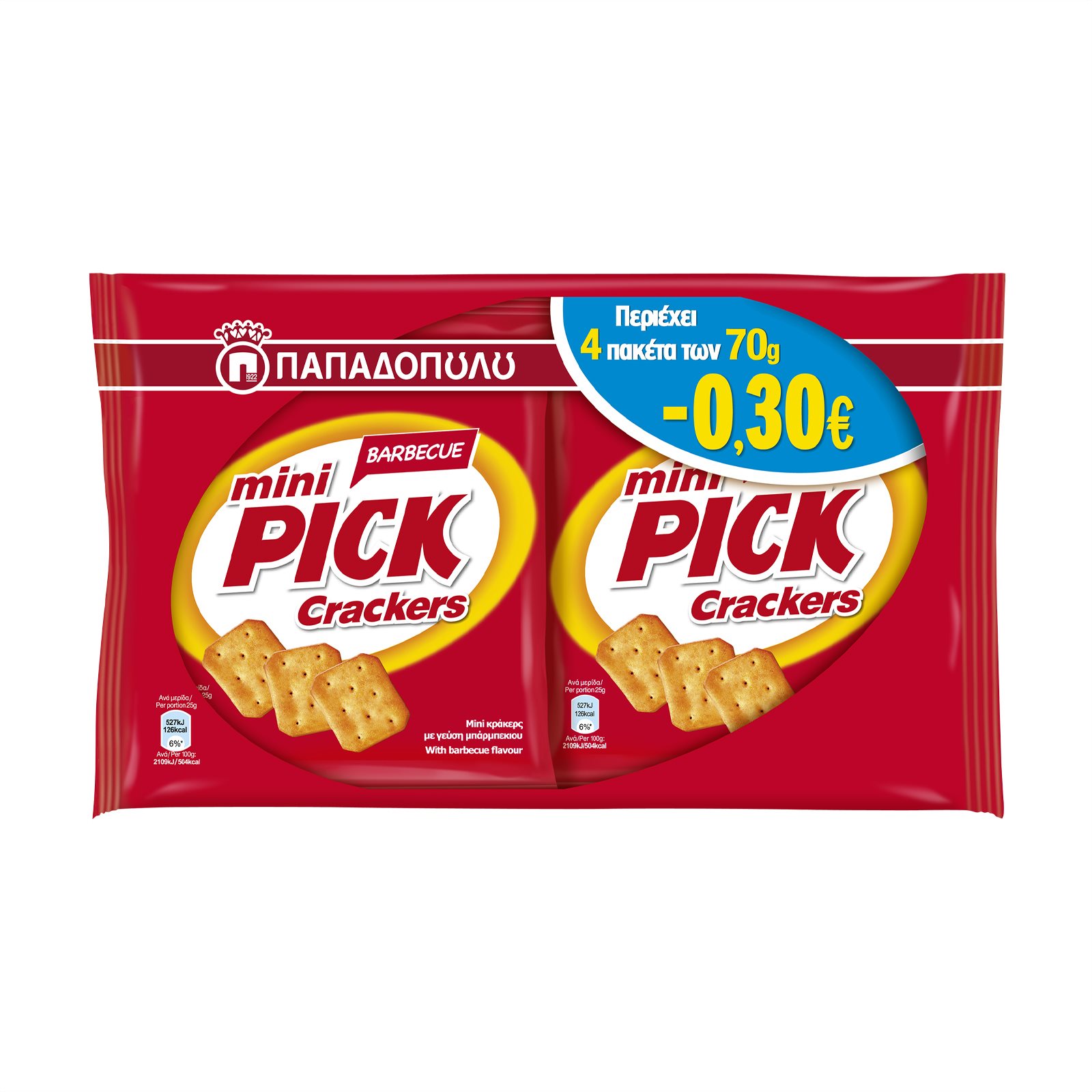 ΠΑΠΑΔΟΠΟΥΛΟΥ Mini Pick Crackers με γεύση Barbeque 4x70g | ΣΚΛΑΒΕΝΙΤΗΣ